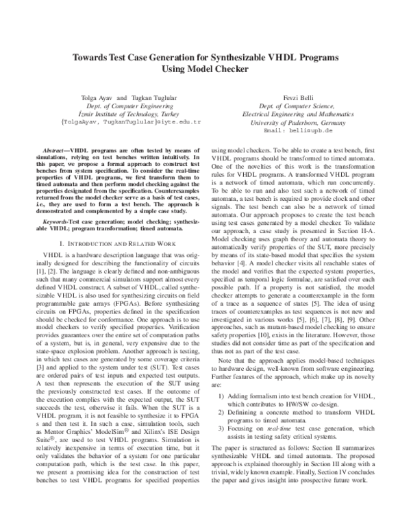 Pdf Towards Test Case Generation For Synthesizable Vhdl Programs Using Model Checker