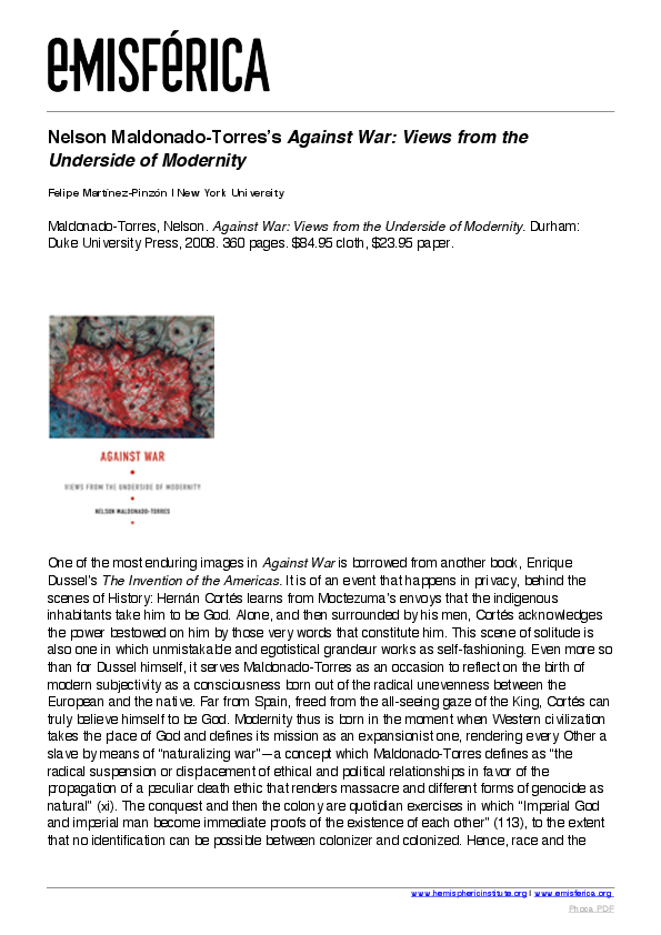 (PDF) Nelson Maldonado-Torres’s Against War: Views from the Underside ...