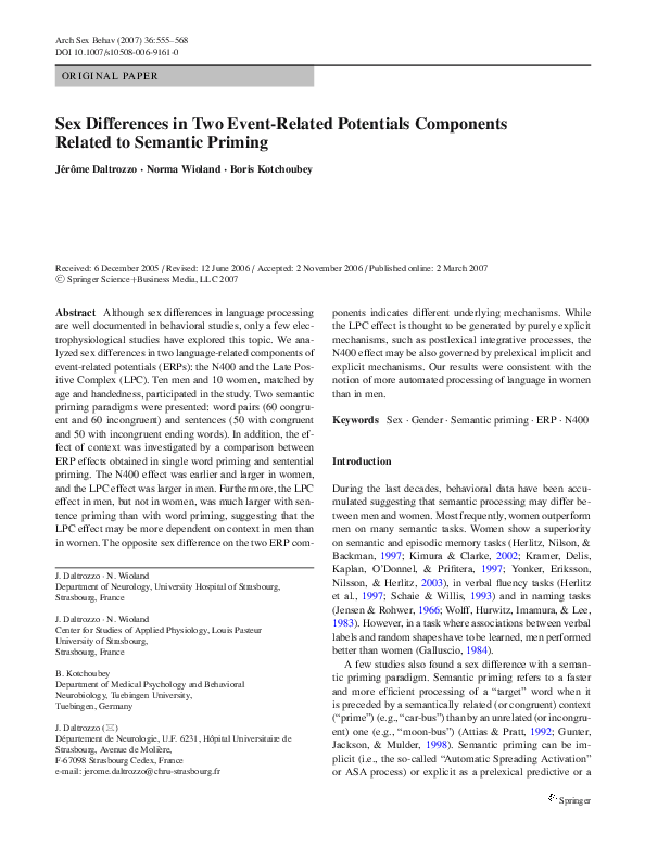 Pdf Sex Differences In Two Event Related Potentials Components Related To Semantic Priming