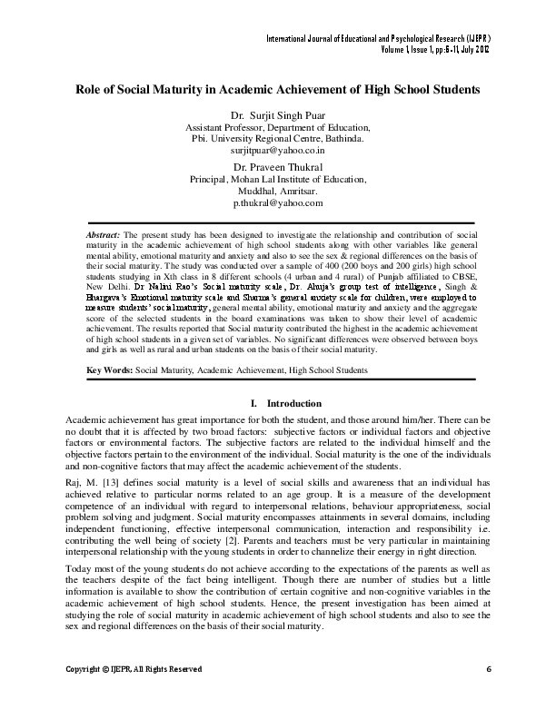 (PDF) Social maturity and academic achievement of high school students