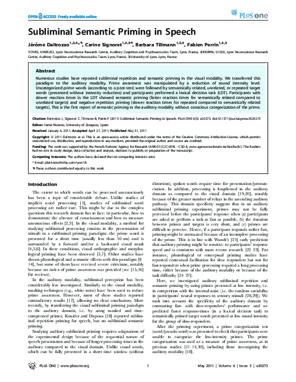(PDF) Subliminal semantic priming in speech