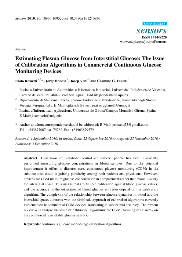 Pdf Estimating Plasma Glucose From Interstitial Glucose The Issue Of Calibration Algorithms