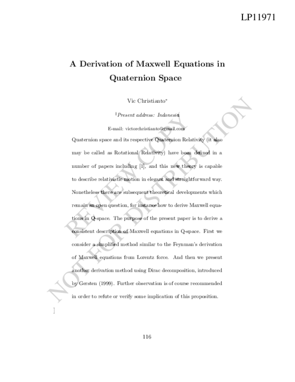 (PDF) A derivation of Maxwell equations in quaternion space