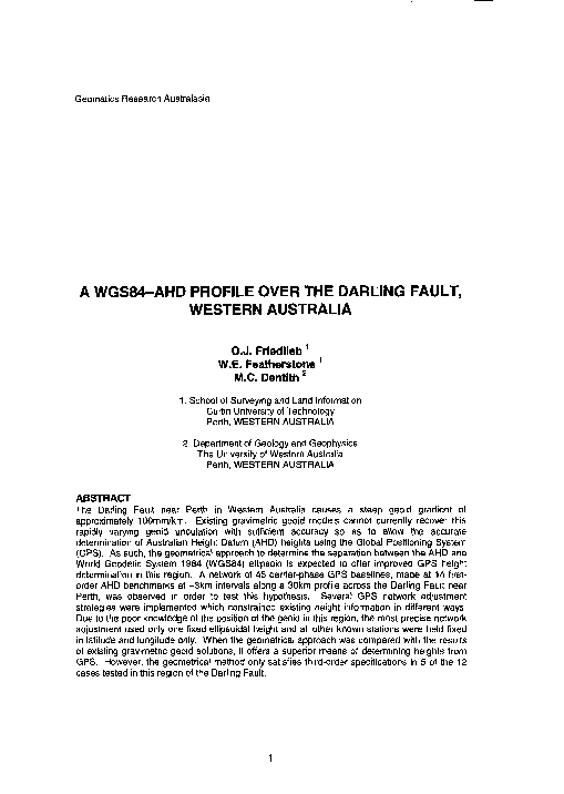 (PDF) A WGS84AHD PROFILE OVER THE DARLING FAULT, WESTERN AUSTRALIA