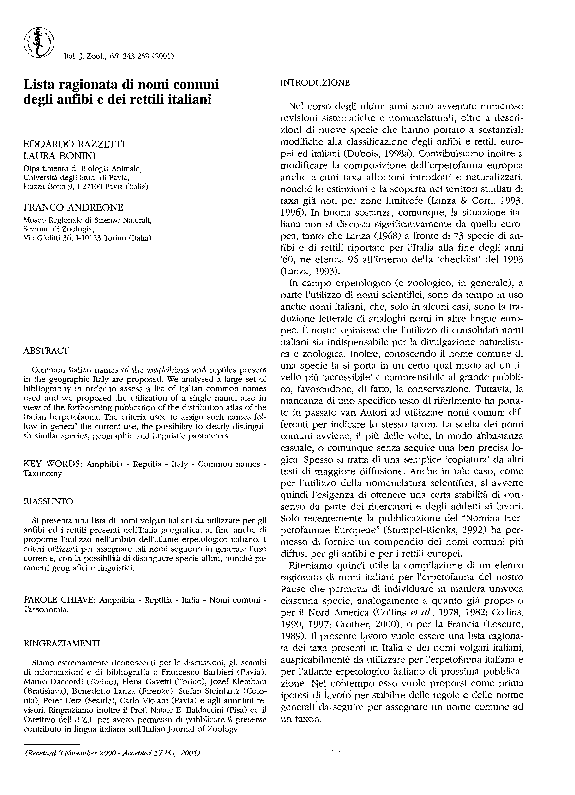 (PDF) Lista ragionata di nomi comuni degli anfibi e dei rettili italiani