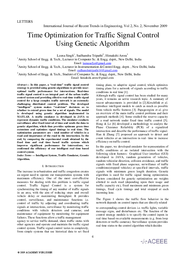Pdf Time Optimization For Traffic Signal Control Using Genetic Algorithm