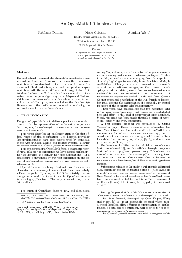 (PDF) An OpenMath v1.0 Implementation