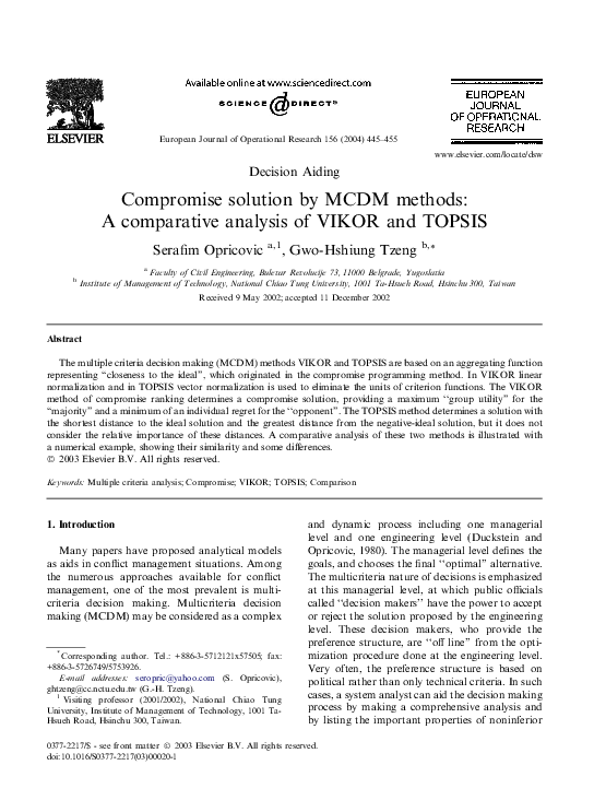 (PDF) Compromise solution by MCDM methods: A comparative analysis of VIKOR and TOPSIS