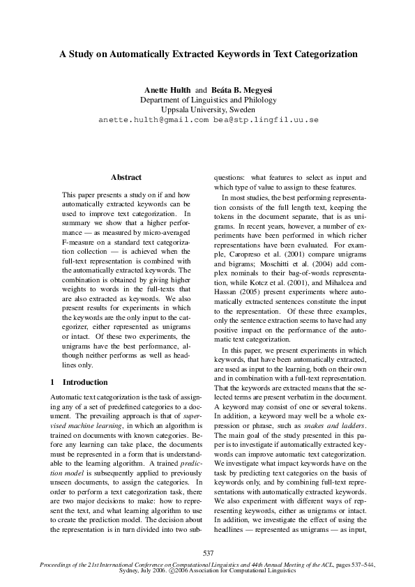 (PDF) A Study on Automatically Extracted Keywords in Text Categorization