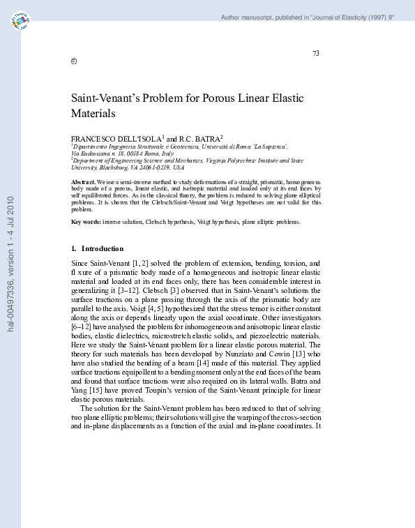 (PDF) Saint-Venant's problem for porous linear elastic materials