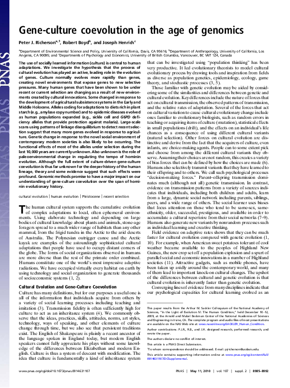 (PDF) Gene-culture Coevolution in the Age of Genomics