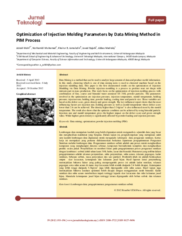 Pdf Optimization Of Injection Molding Parameters By Data Mining
