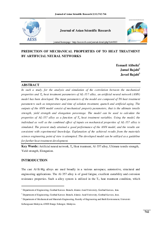 (PDF) Prediction Of Mechanical Properties Of To Heat Treatment By Artificial Neural Networks