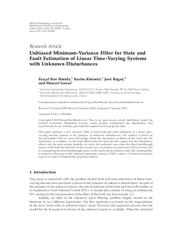(PDF) Unbiased Minimum-Variance Filter for State and Fault Estimation of Linear Time-Varying ...