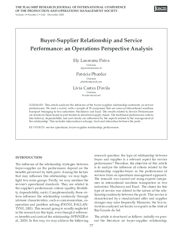(PDF) Buyer-Supplier Relationship and Service Performance: an Operations Perspective Analysis