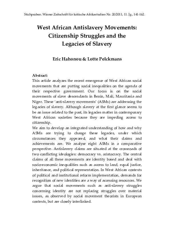 (PDF) 2011 - West African Antislavery Movements: Citizenship Struggles ...