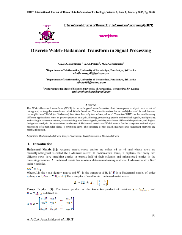 Pdf Discrete Walsh Hadamard Transform In Signal Processing