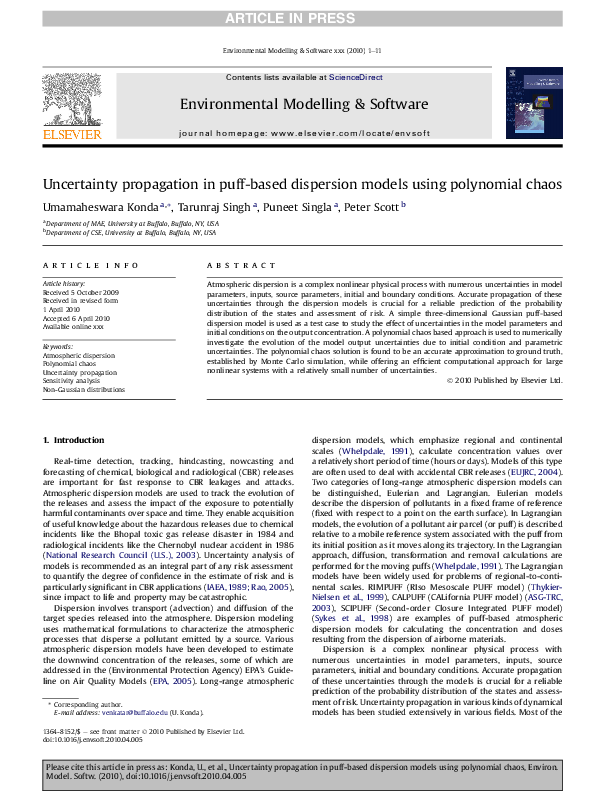 (PDF) Uncertainty propagation in puff-based dispersion models using polynomial chaos