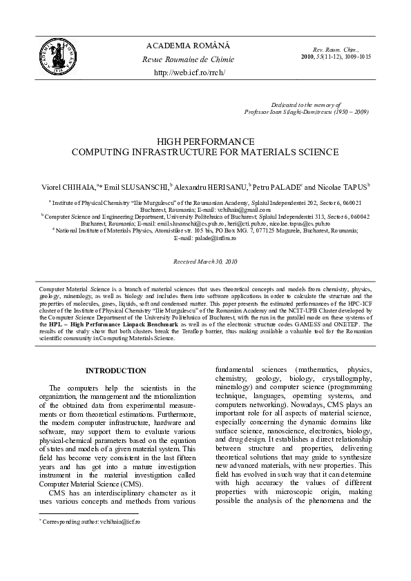 (PDF) High Performance Computing Infrastructure for Materials Science