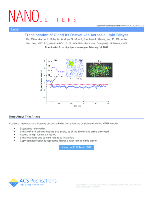 (PDF) Translocation of C60 and its derivatives across a lipid bilayer