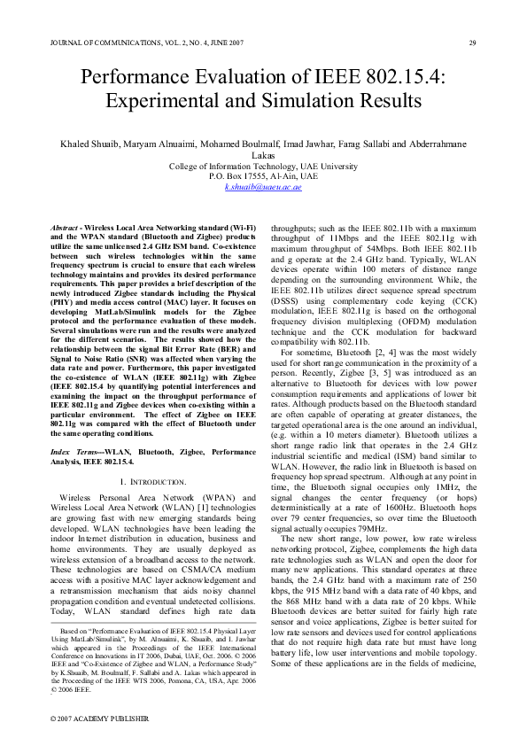 Pdf Performance Evaluation Of Ieee 802 15 4 Experimental And