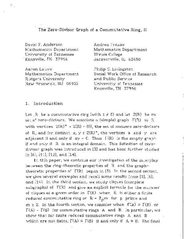 (PDF) The Zero-Divisor Graph of a Commutative Ring