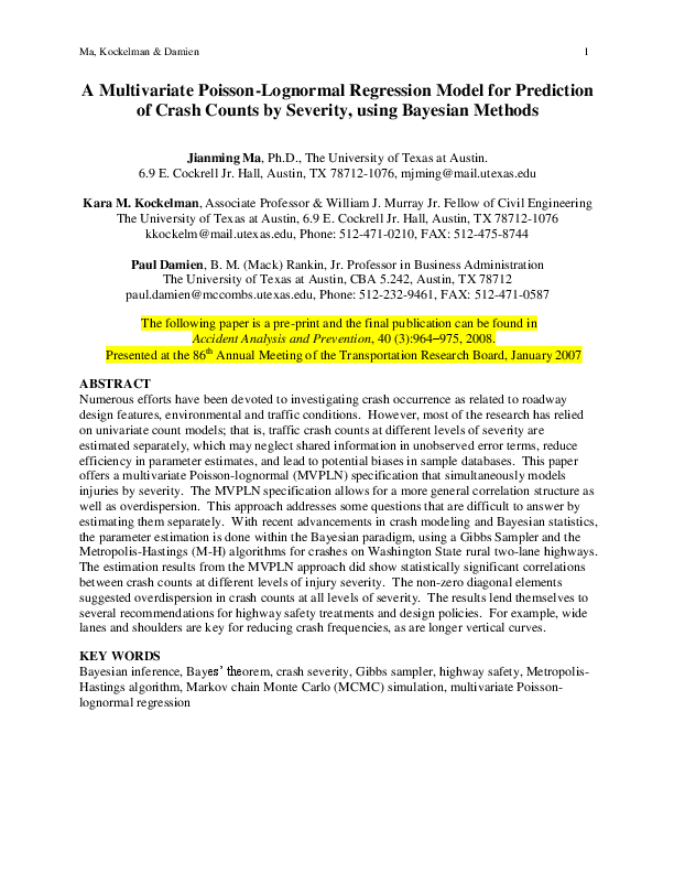 Pdf A Multivariate Poisson Lognormal Regression Model For Prediction Of Crash Counts By