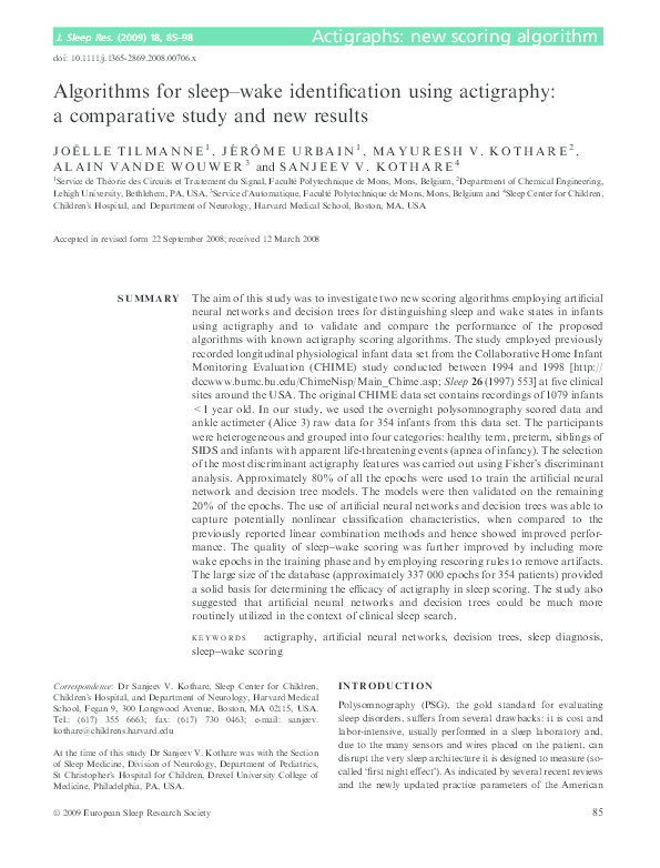 (PDF) Algorithms for sleep–wake identification using actigraphy: a comparative study and new results