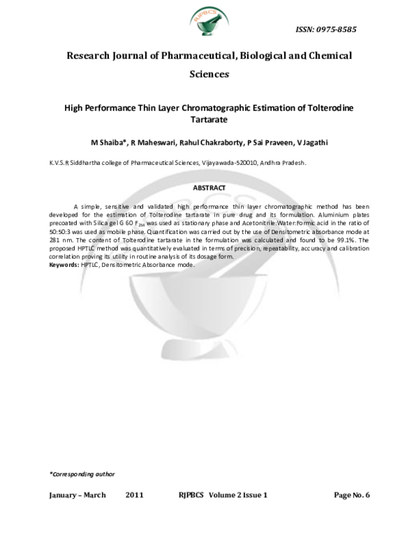 (PDF) High Performance Thin Layer Chromatographic Estimation of Tolterodine Tartarate