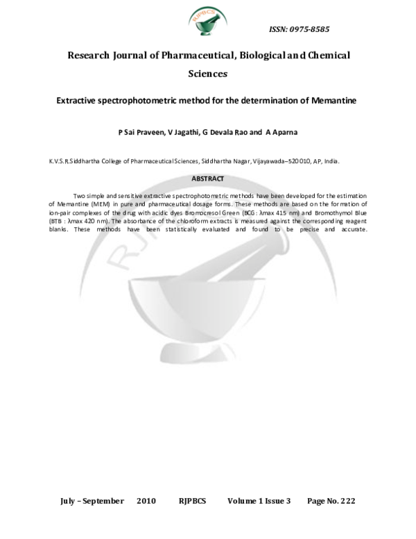 Pdf Extractive Spectrophotometric Method For The Determination Of Memantine