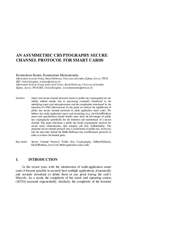 (PDF) An Asymmetric Cryptography Secure Channel Protocol for Smart Cards