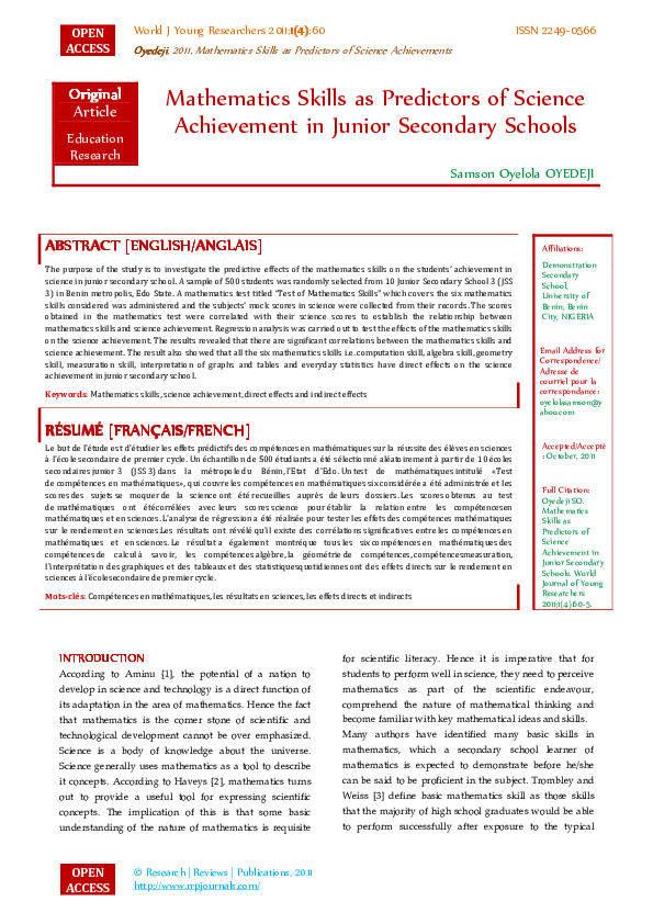 (PDF) Mathematics Skills as Predictors of Science Achievement in Junior ...
