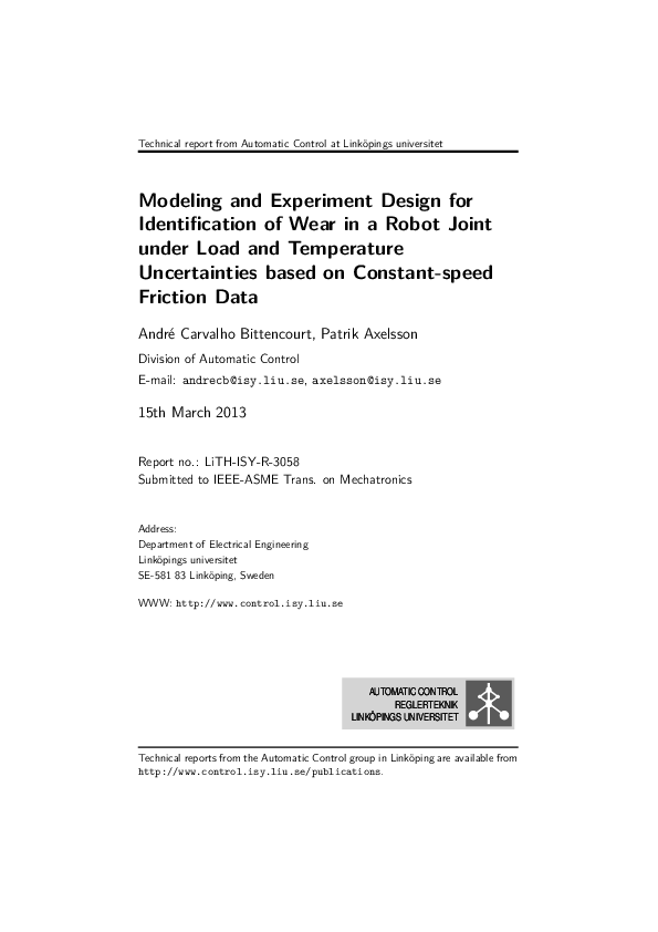 (PDF) Modeling and Experiment Design for Identification of Wear in a Robot Joint under Load and ...