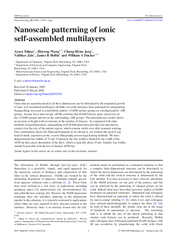 Pdf Nanoscale Patterning Of Ionic Self Assembled Multilayers