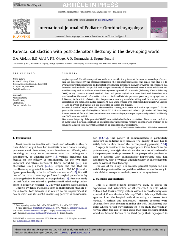 (PDF) Parental satisfaction with post-adenotonsillectomy in the ...