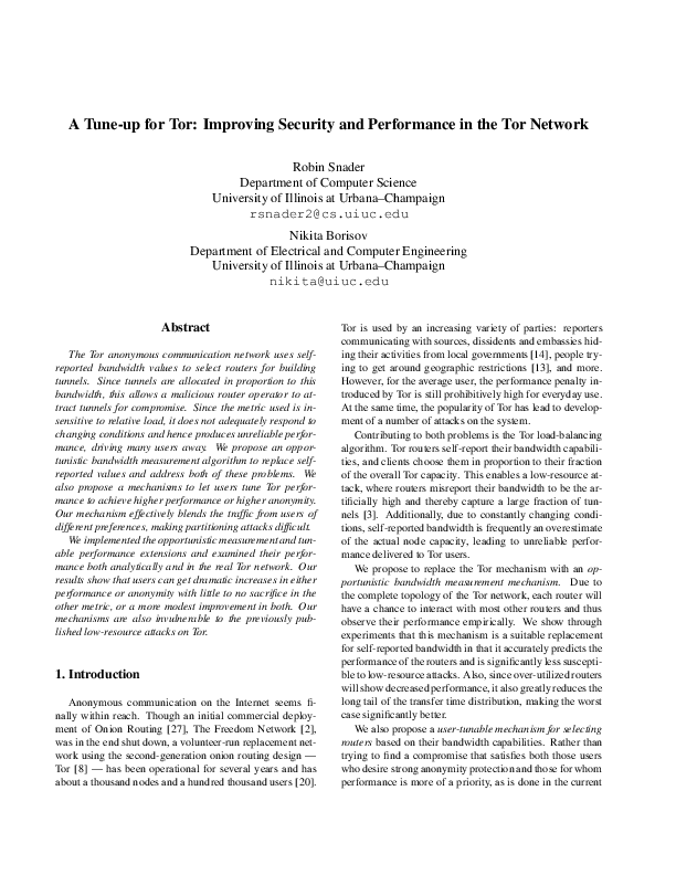 Pdf A Tune Up For Tor Improving Security And Performance In The Tor Network