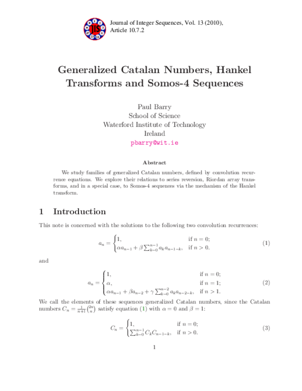 (PDF) Generalized Catalan Numbers, Hankel Transforms and Somos-4 Sequences