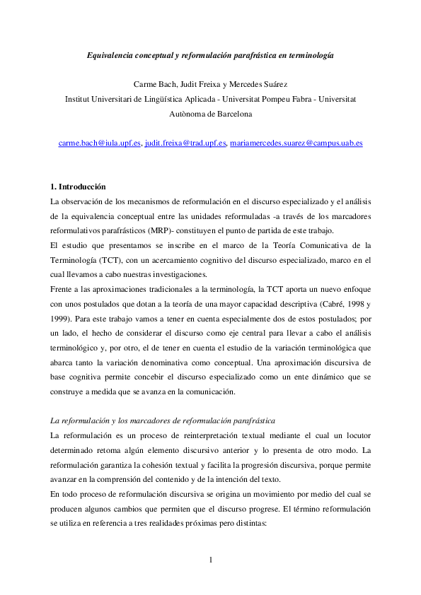 (PDF) Equivalencia conceptual y reformulación parafrástica en terminología