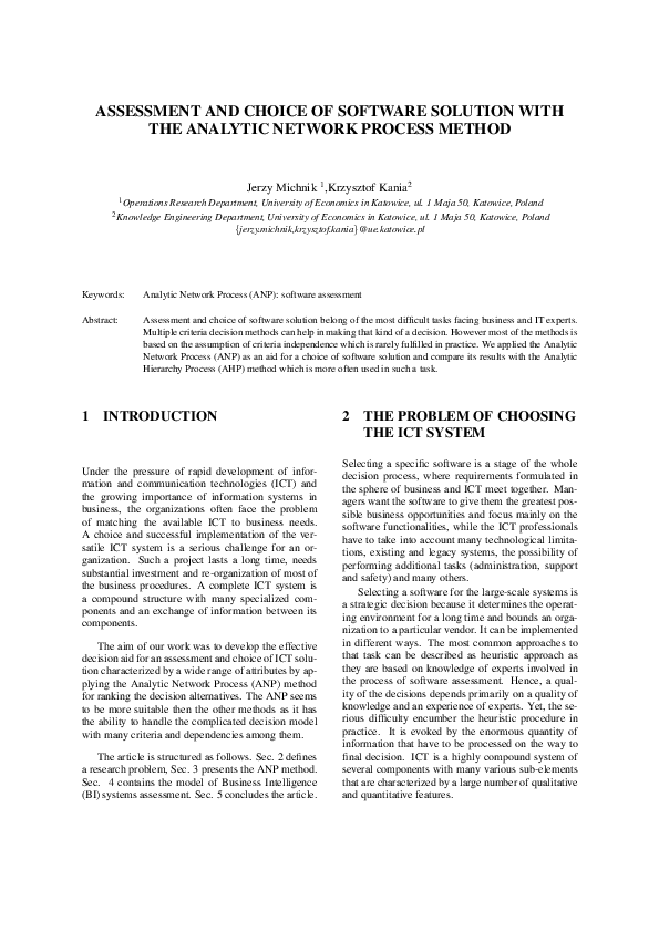 Pdf Assessment And Choice Of Software Solution With The Analytic