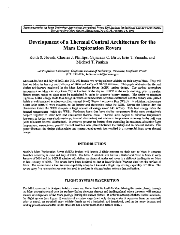 (PDF) Development of a thermal control architecture for the Mars ...