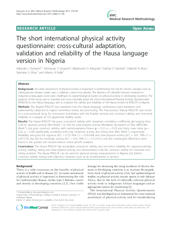 (PDF) The short international physical activity questionnaire: cross-cultural adaptation ...
