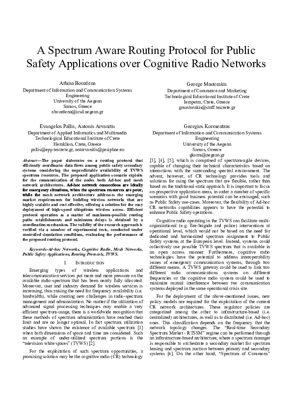 Pdf A Spectrum Aware Routing Protocol For Public Safety Applications Over Cognitive Radio Networks