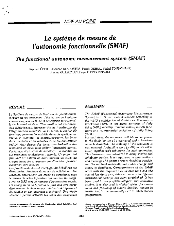 (PDF) Le système de mesure de l'autonomie fonctionnelle (SMAF)