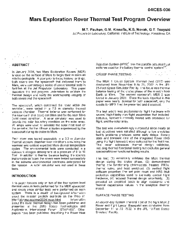 (PDF) Mars Exploration Rover Thermal Test Program Overview
