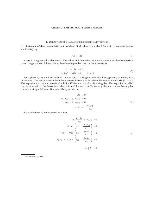 (PDF) CHARACTERISTIC ROOTS AND VECTORS