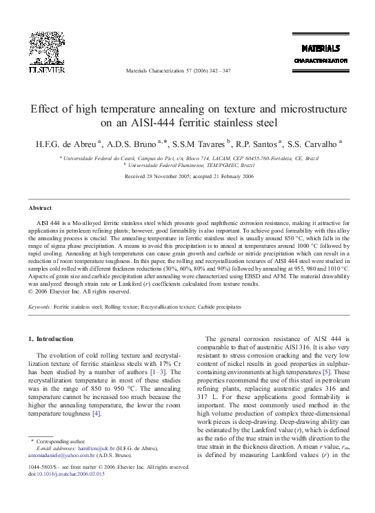 Pdf Effect Of High Temperature Annealing On Texture And Microstructure On An Aisi 444 Ferritic