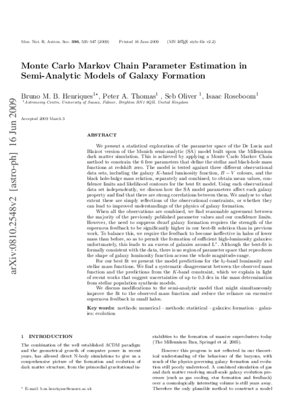 (PDF) Monte Carlo Markov Chain parameter estimation in semi‐analytic models of galaxy formation