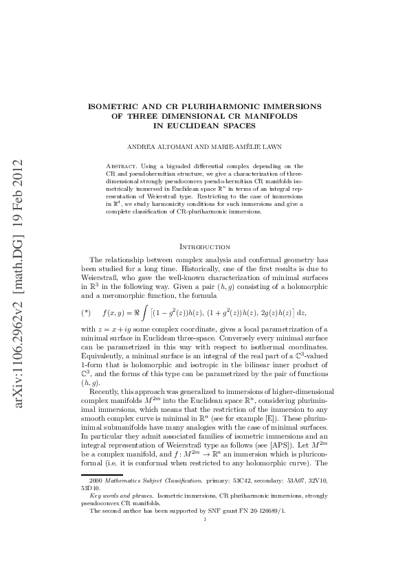 (PDF) Isometric and CR pluriharmonic immersions of three dimensional CR manifolds in Euclidean ...