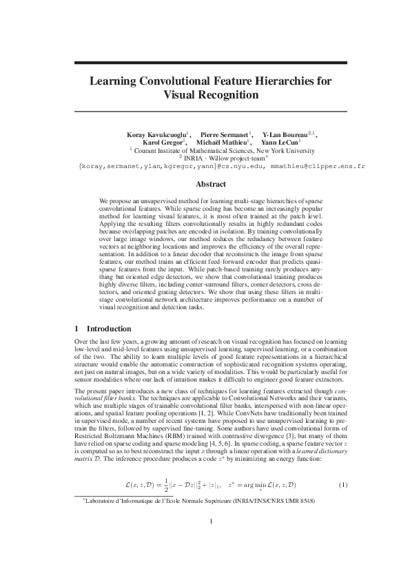 Pdf Learning Convolutional Feature Hierarchies For Visual Recognition