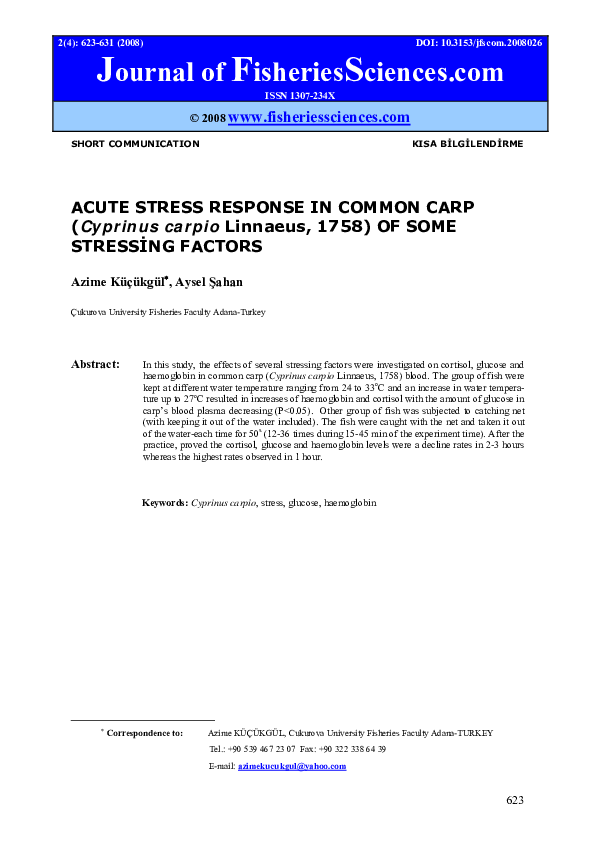 (PDF) ACUTE STRESS RESPONSE IN COMMON CARP (Cyprinus carpio Linnaeus, 1758) OF SOME STRESSİNG ...